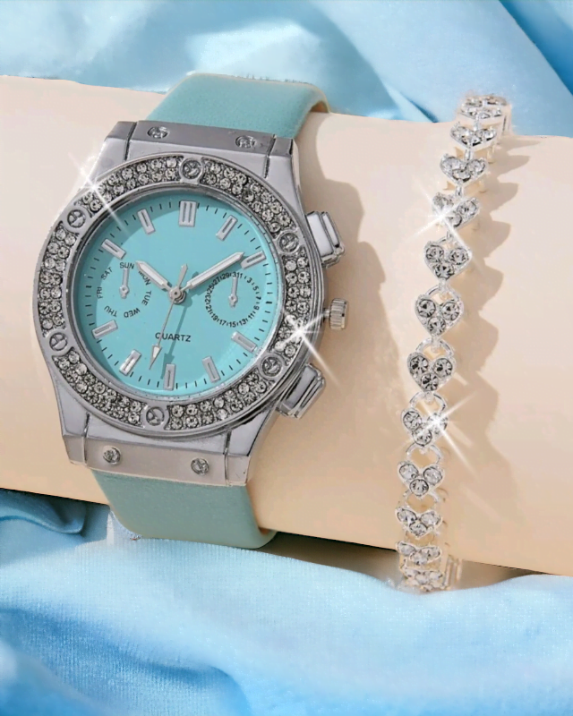 Ladies' Aqua Blue Rhinestone Watch with Bracelet | FASH | Women's ...