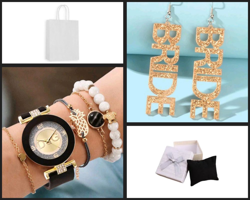 Bridal shower Hamper With Watch set and Golden Glitter Bridal Earrings ...
